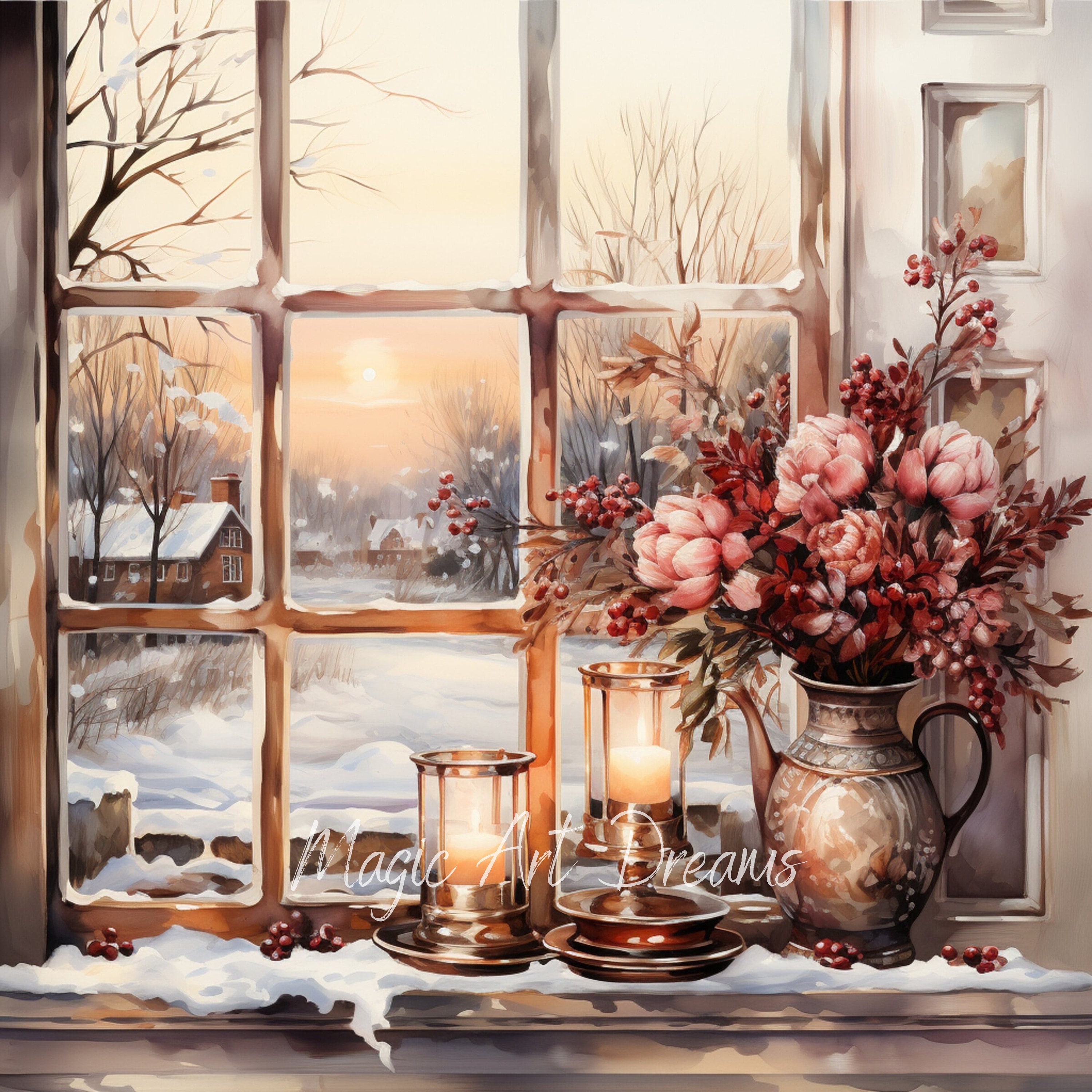 Watercolor Illustration of Christmas Window With Candles and Bouquets ...