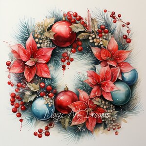 Watercolor Christmas Winter Wreath of Poinsettia Christmas Tree Toys ...