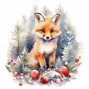 Watercolor Red Fox in the Winter Forest,14 Jpgs Watercolor Clipart ...