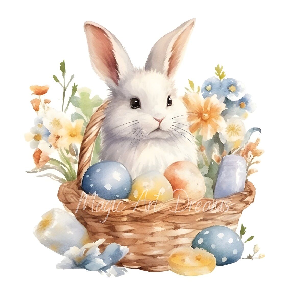 Watercolor Easter White Fluffy Rabbit in a Basket With Spring Flowers ...