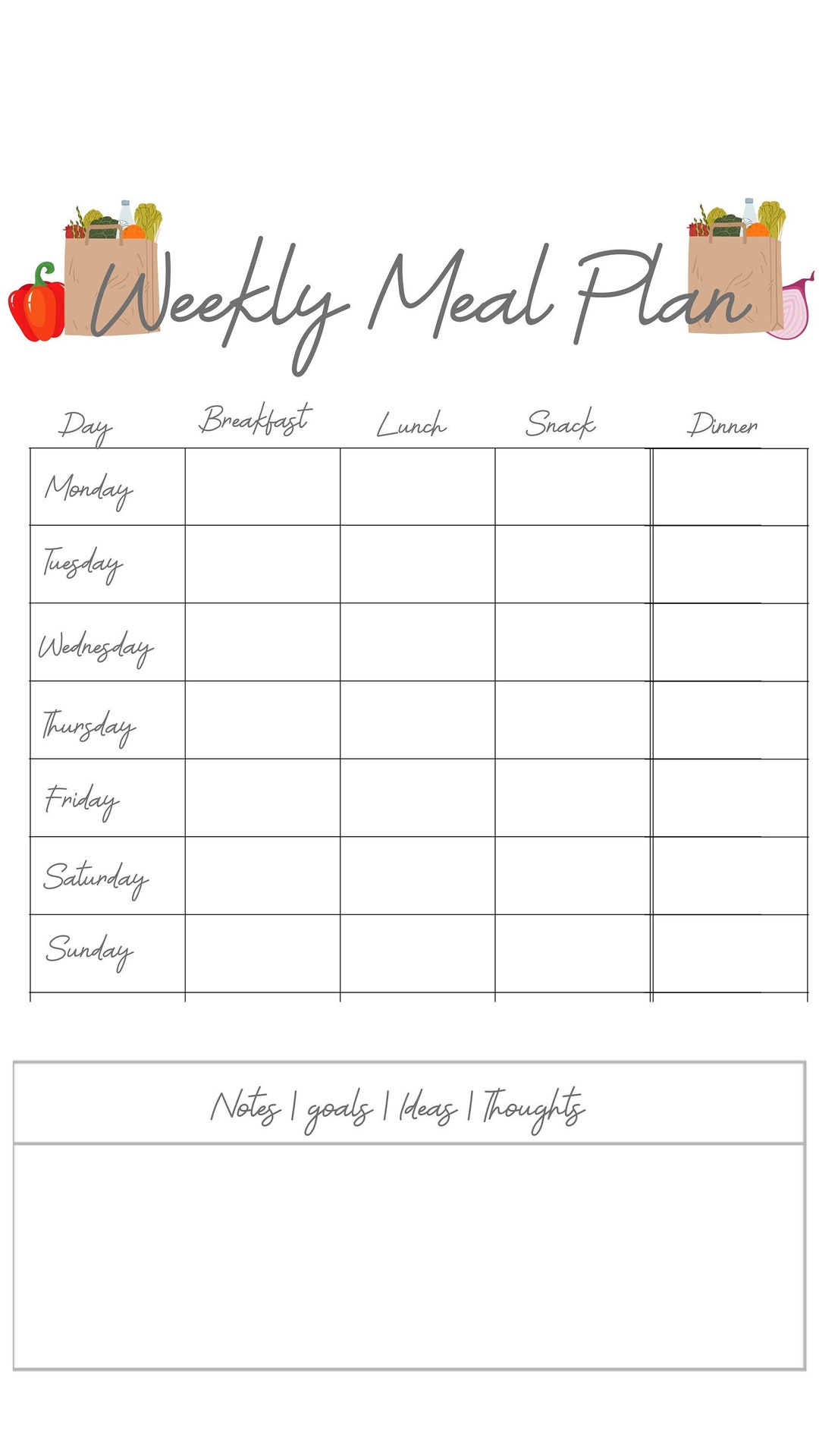 Weekly Meal Plan Sheet Breakfast Lunch Dinner Planner Daily Planner - Etsy