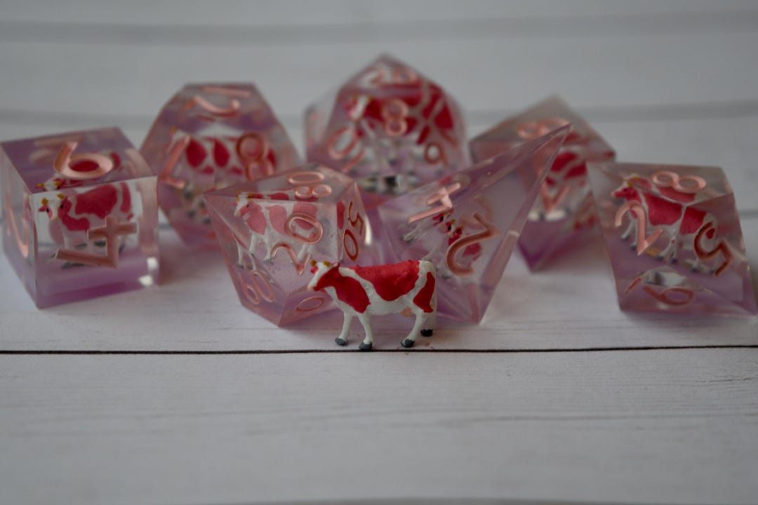 Strawberry Cows 7 Piece Handmade Dice Set RAW Sharp Edge Resin Dnd Dice ...