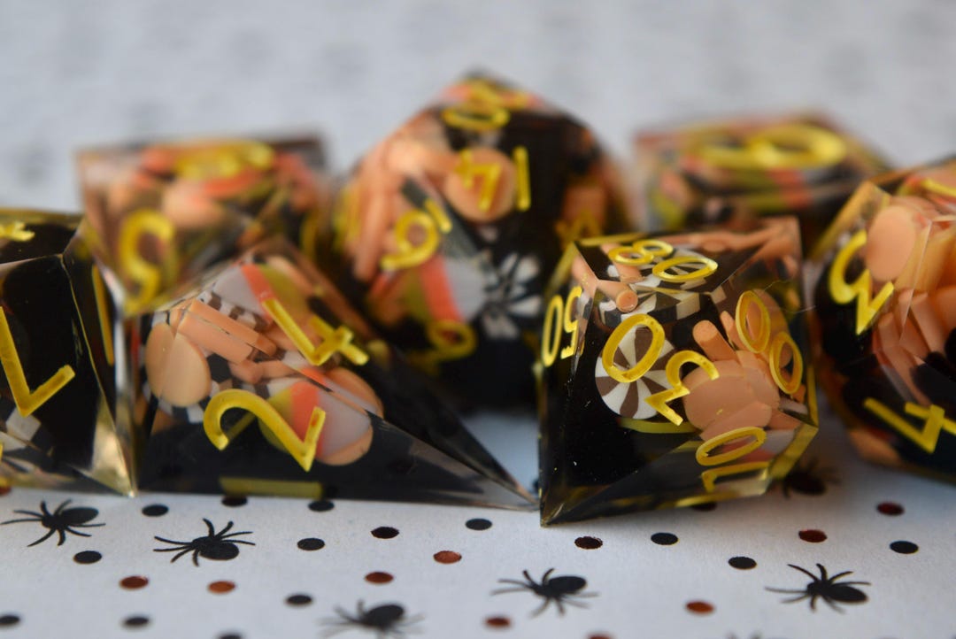 Halloween Candy Bowl 7 Piece Handmade Dice Set RAW Sharp Edge Resin Dnd ...