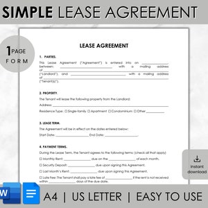 Simple One Page Lease Agreement, Printable Rental Agreement, Editable Landlord Forms, Basic ...