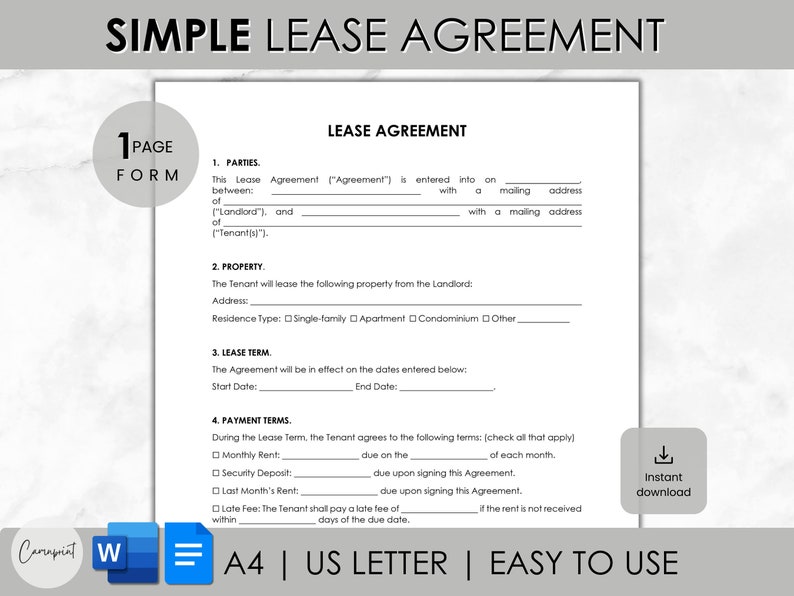 Simple One Page Lease Agreement, Printable Rental Agreement, Editable ...