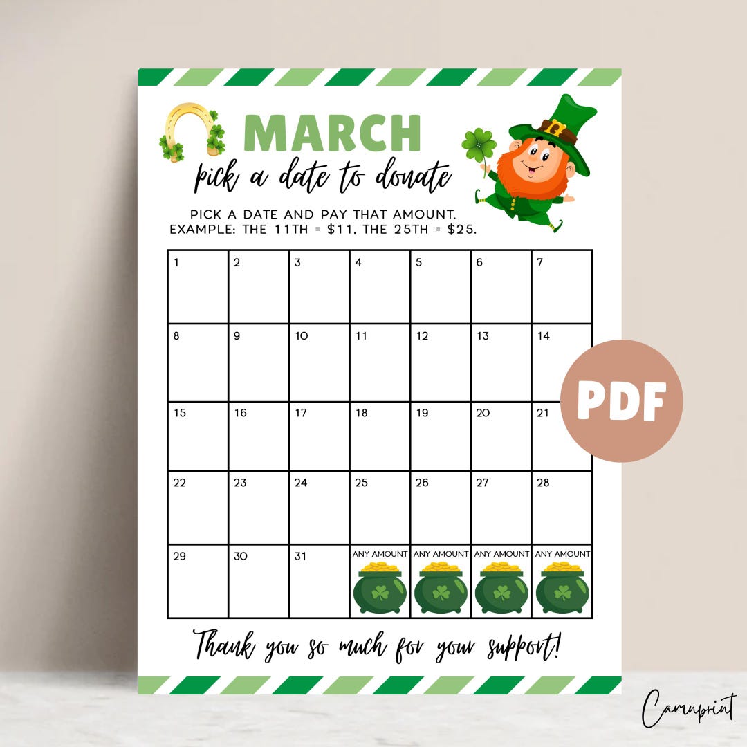 Calendar Fundraiser for March Fundraiser, St. Patrick’s Day Fundraiser ...