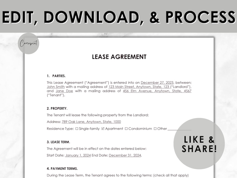 Simple One Page Lease Agreement, Printable Rental Agreement, Editable Landlord Forms, Basic ...