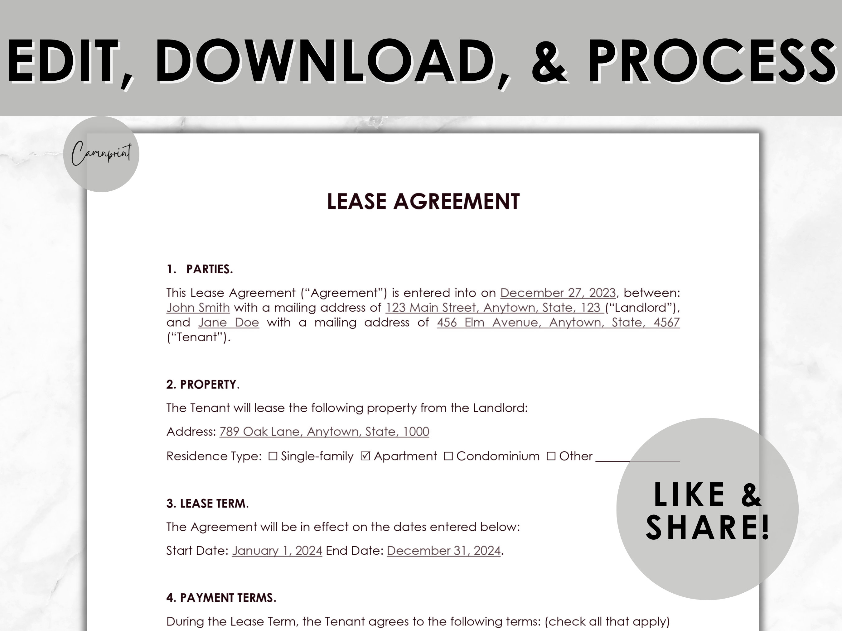 Simple One Page Lease Agreement, Printable Rental Agreement, Editable ...