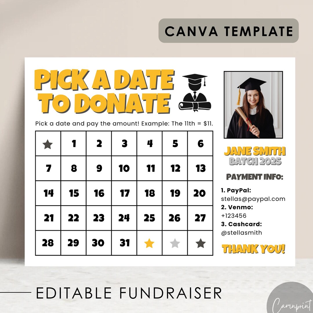 Graduation Fundraiser Pick a Date to Donate Calendar Fundraiser for ...