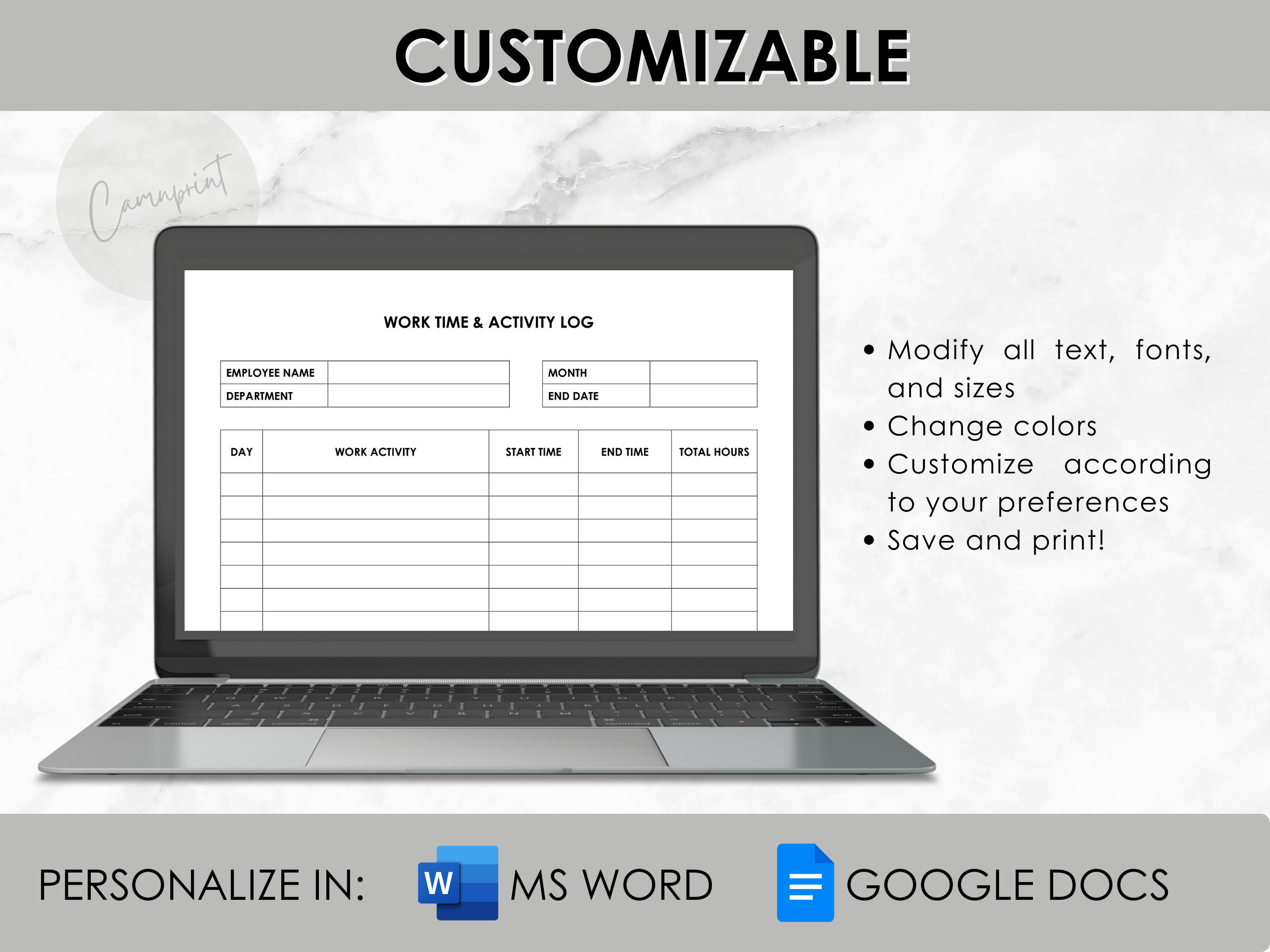 Employee Time Sheet Editable, Printable Time Card, Work Time Tracker ...