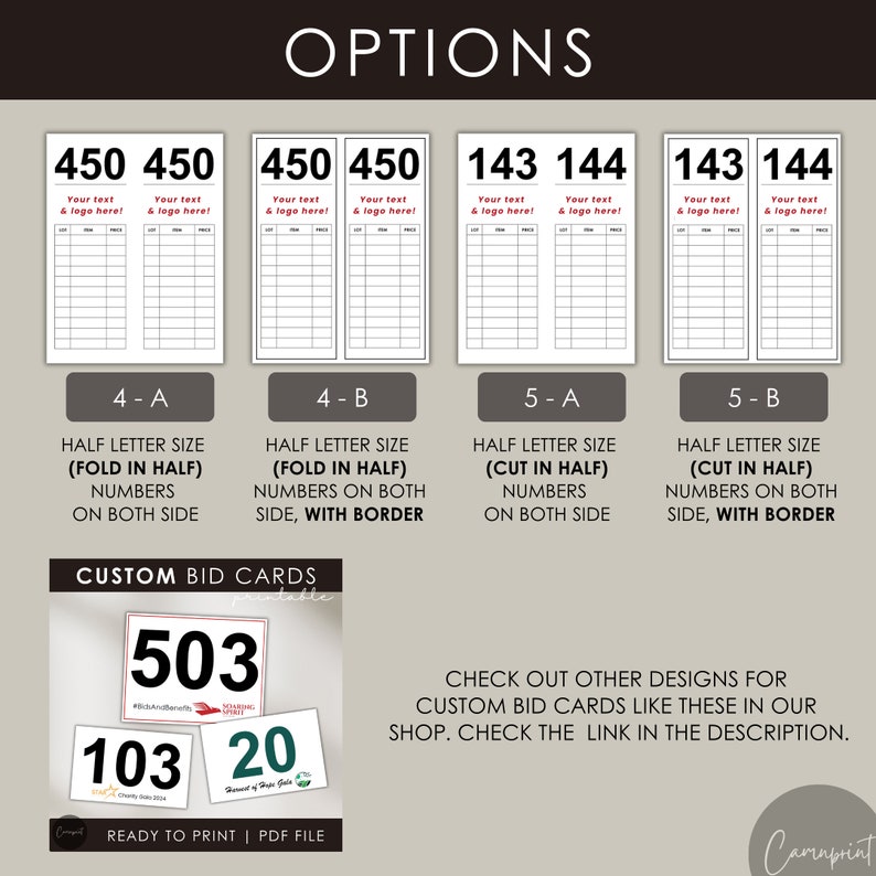 Custom Auction Bid Card Printable, Fundraising Numbers, Numbered Cards ...