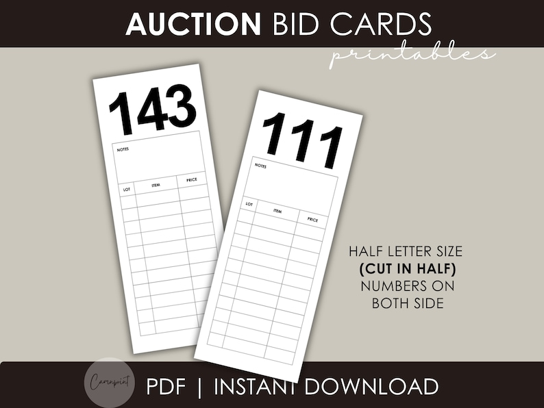 Auction Bid Card Printable Bid Cards With Notes, Numbered Card ...