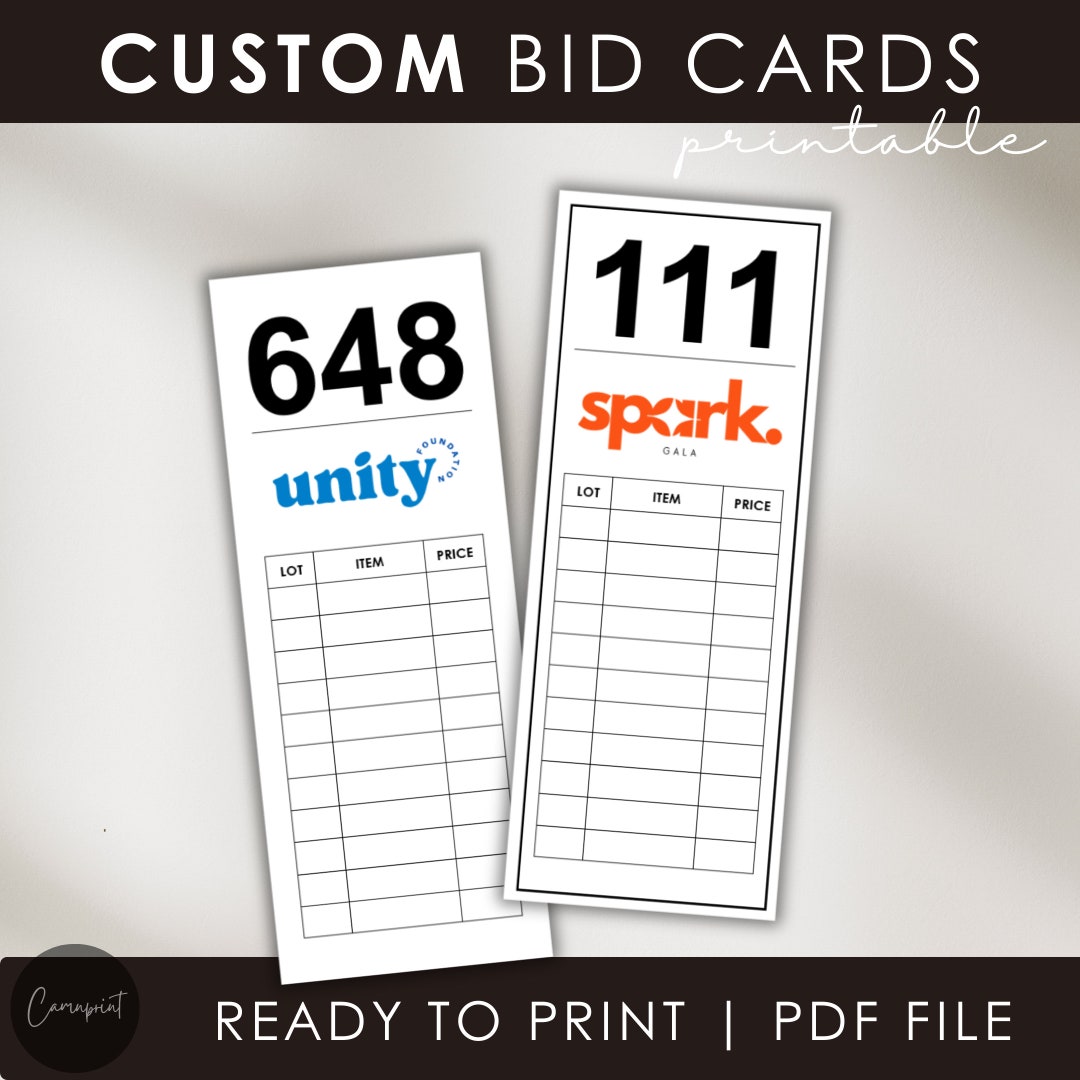 Custom Auction Bid Card Printable, Fundraising Numbers, Numbered Cards ...