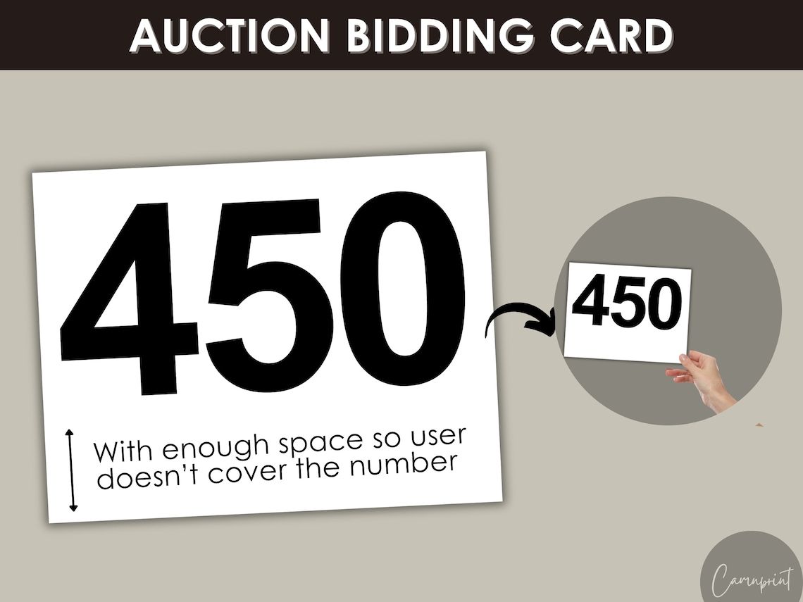 Auction Bid Card Printable for Non-profit School Auction Charity ...