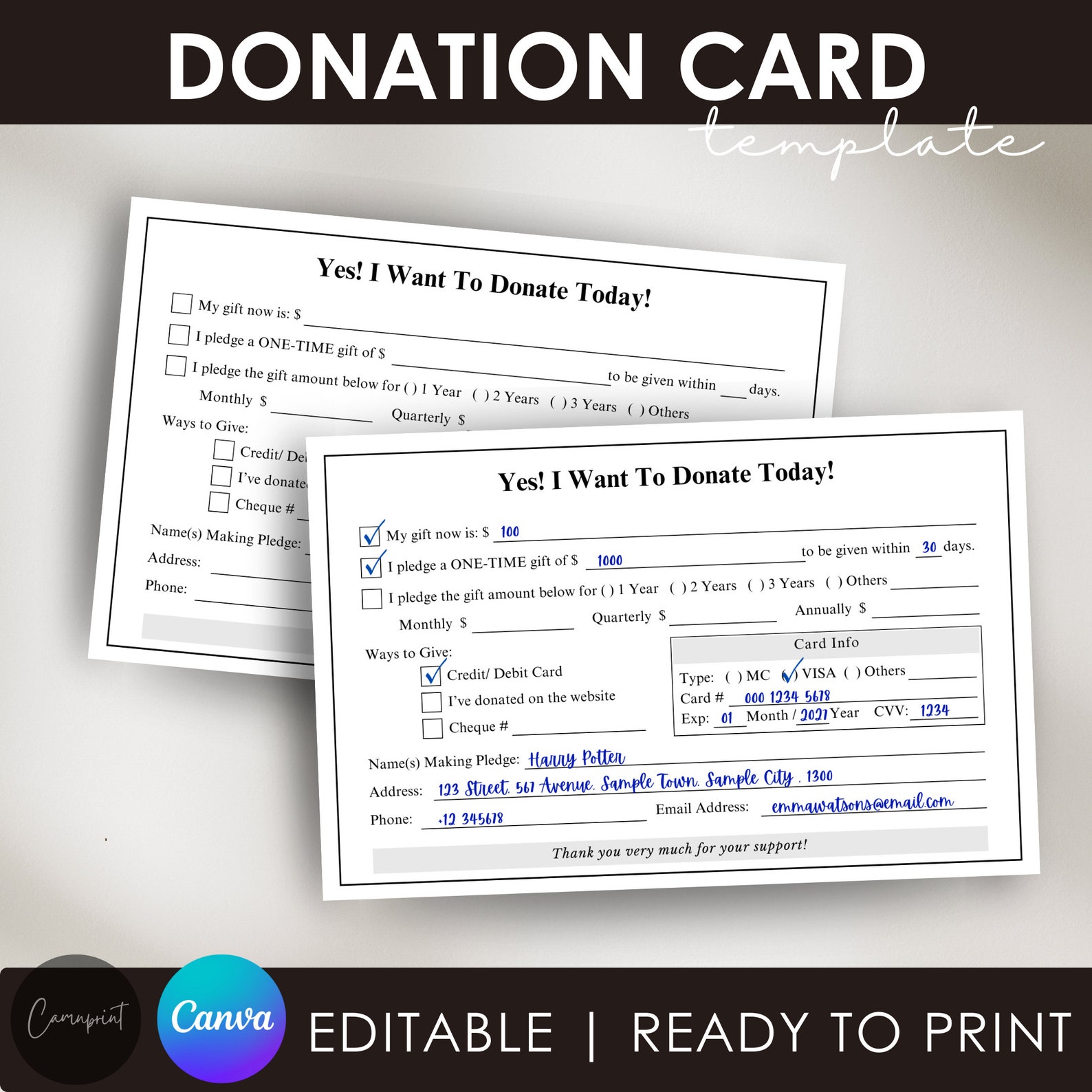 Editable Donation Card Printable Pledge Form, Donation Form, Donation ...