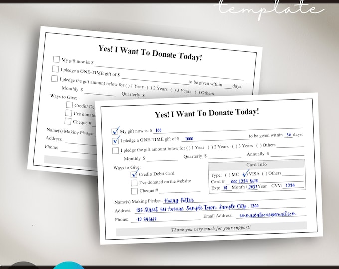 Editable Donation Card Printable Pledge Form, Donation Form, Donation ...