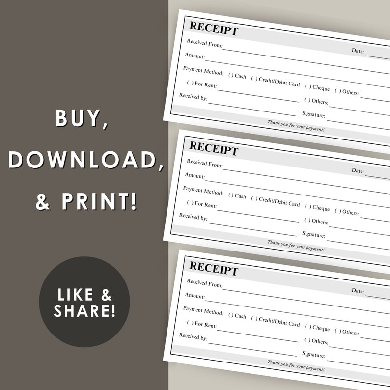 Simple Rent Receipt Template, Printable Receipt for Rental Payment ...