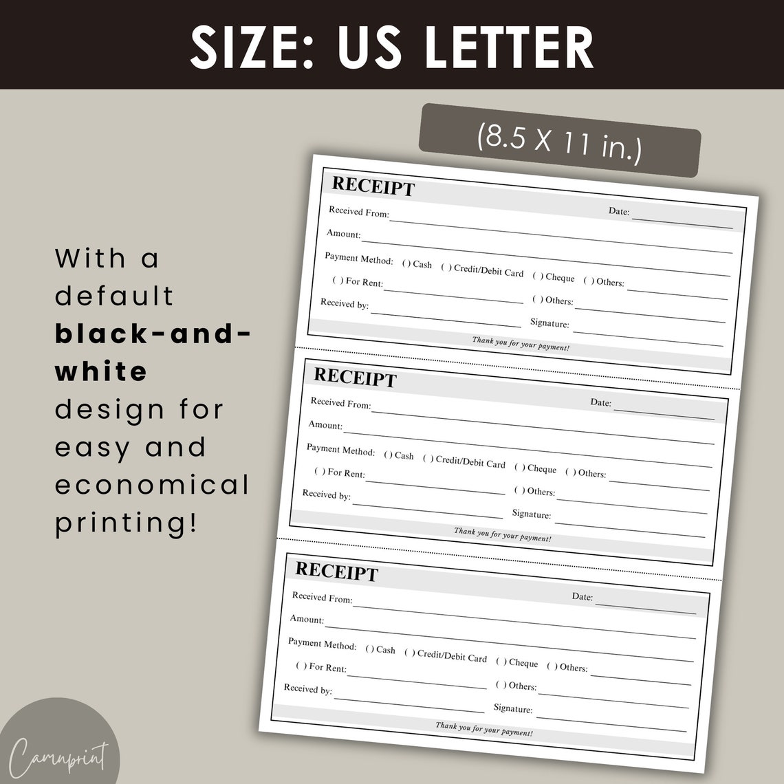 Simple Rent Receipt Template Printable Receipt for Rental Payment ...