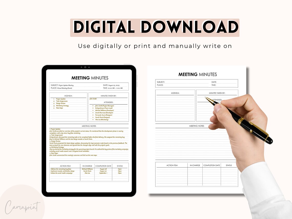 Meeting Minutes Template Meeting Notes Template Project - Etsy
