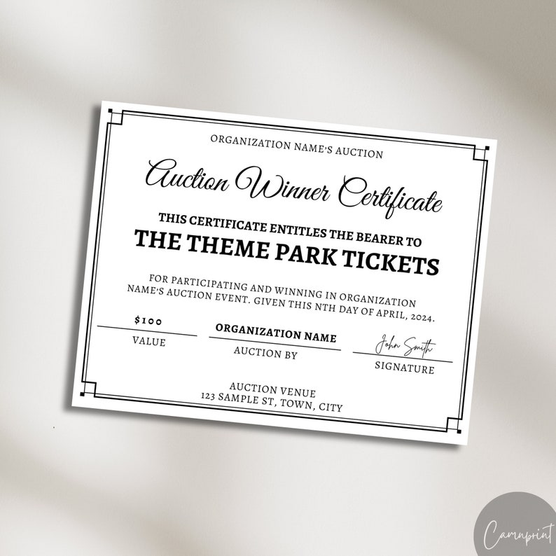 Editable Silent Auction Winner Certificate Template, Auction Item ...