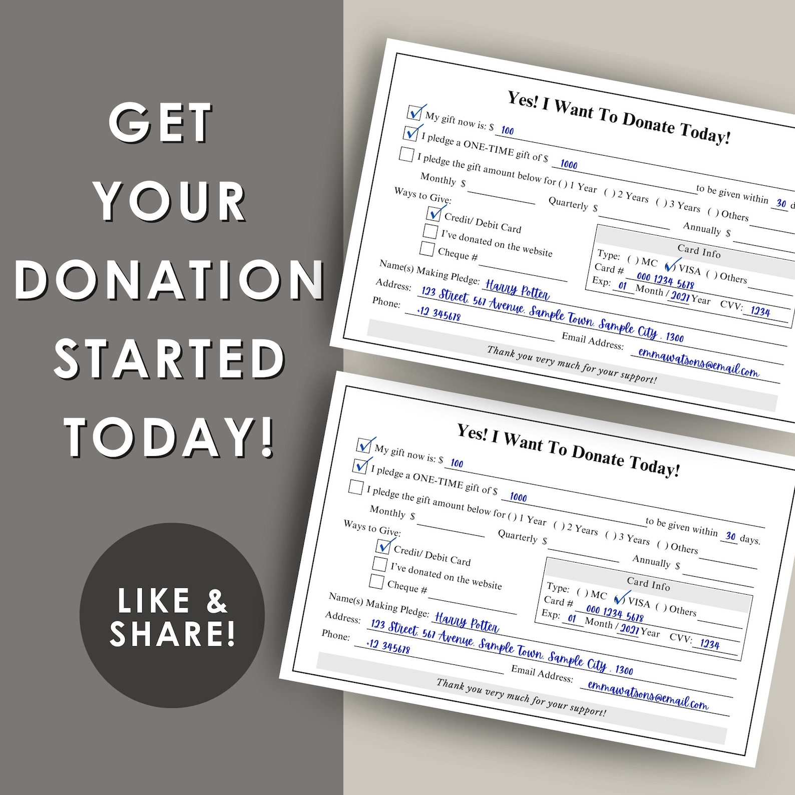 Editable Donation Card Printable Pledge Form, Donation Form, Donation ...