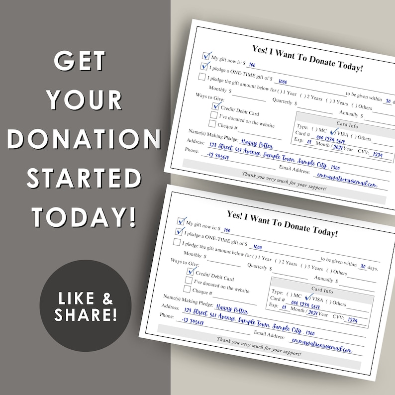Editable Donation Card Printable Pledge Form, Donation Form, Donation ...