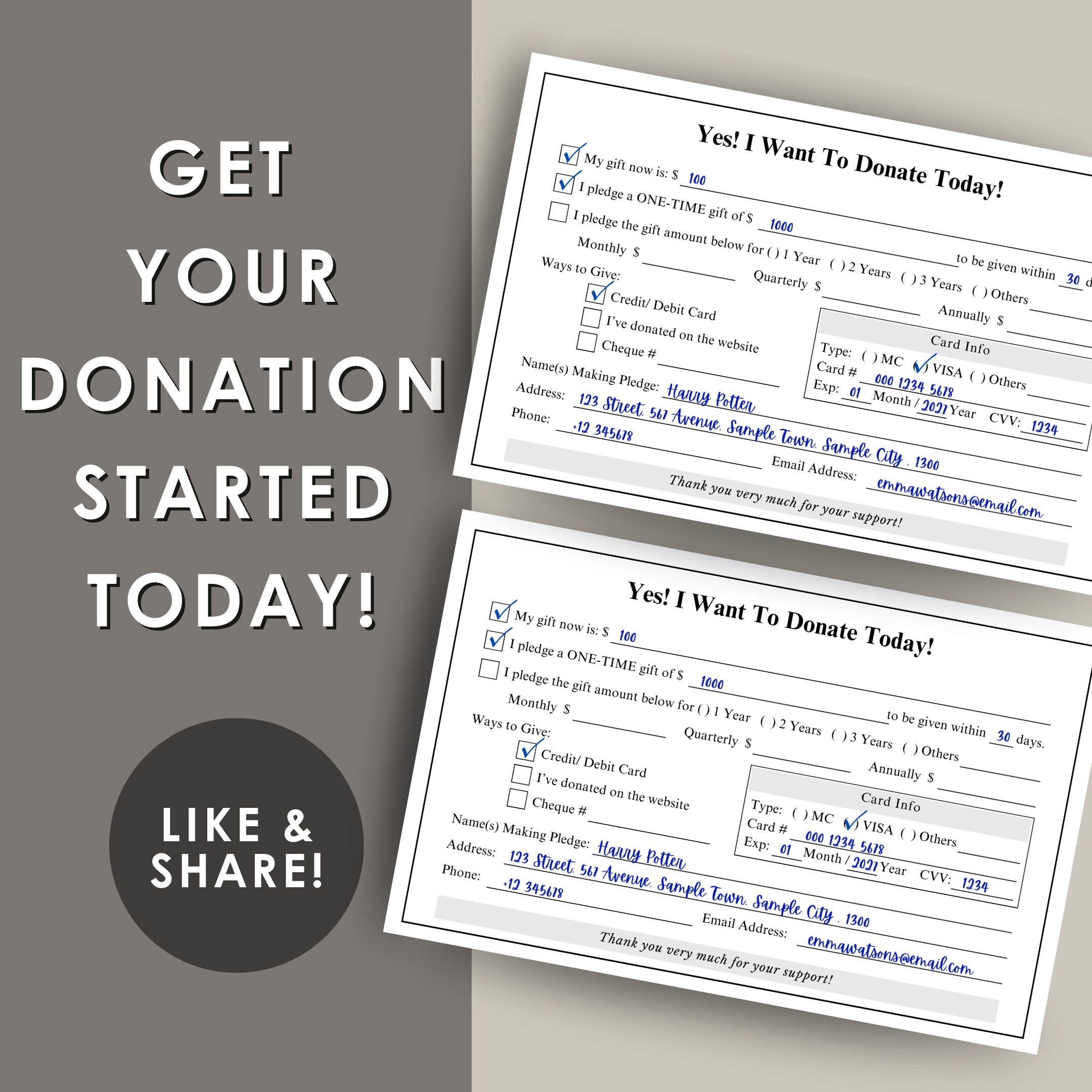 Editable Donation Card Printable Pledge Form, Donation Form, Donation ...