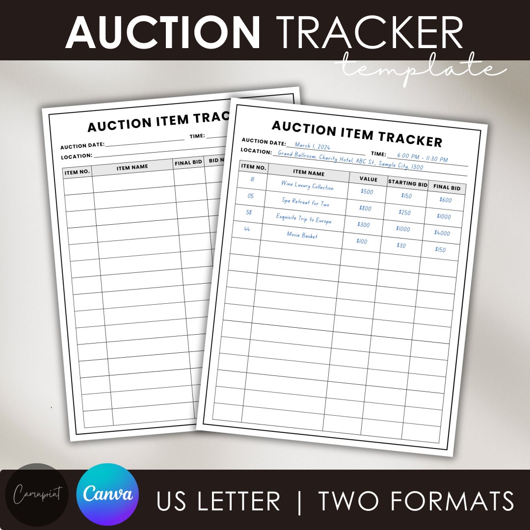 Auction Item Tracker Editable Auction Template for School Auction Live ...