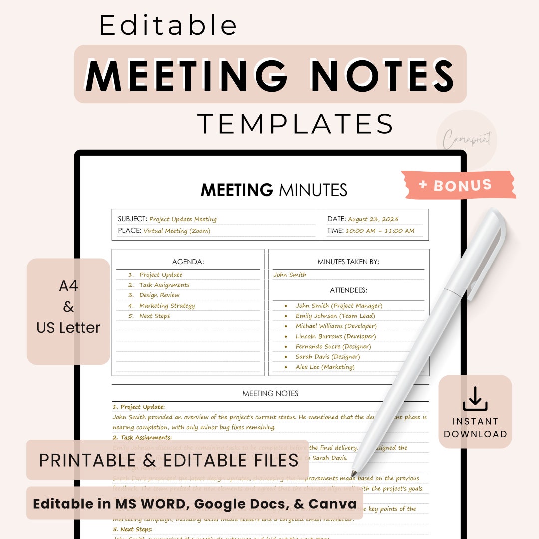 Meeting Minutes Template, Meeting Notes Template, Project Meeting ...
