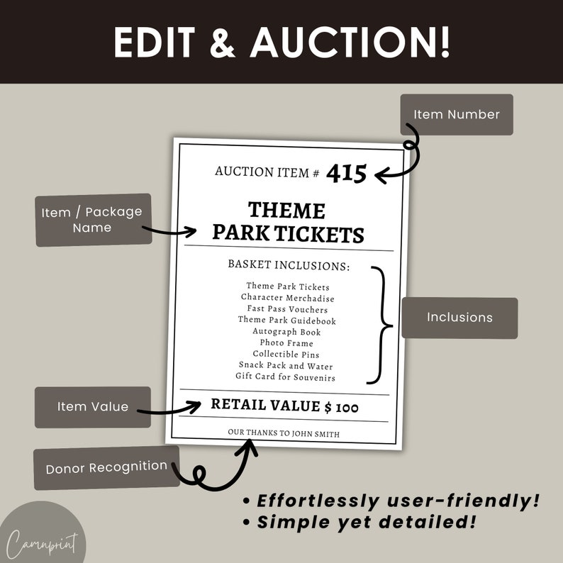 Editable Silent Auction Item Description Sheet, Auction Info Sheet ...