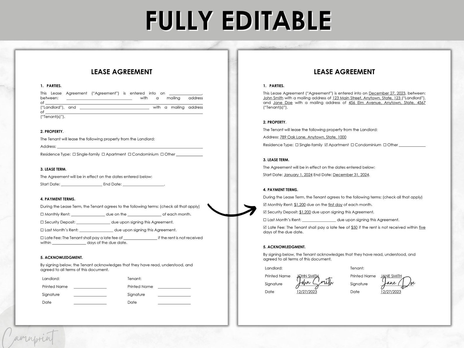 Simple One Page Lease Agreement, Printable Rental Agreement, Editable ...
