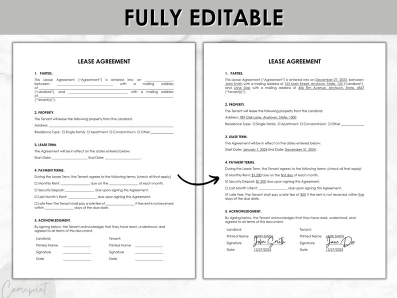 Simple One Page Lease Agreement, Printable Rental Agreement, Editable ...