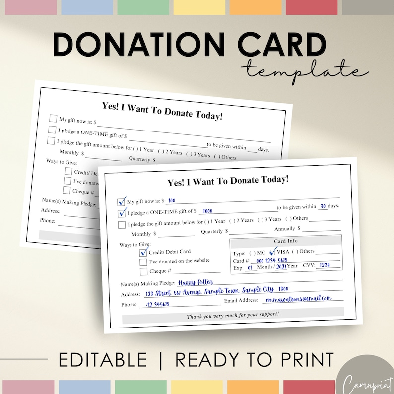 Editable Donation Card Printable Pledge Form, Donation Form, Donation ...