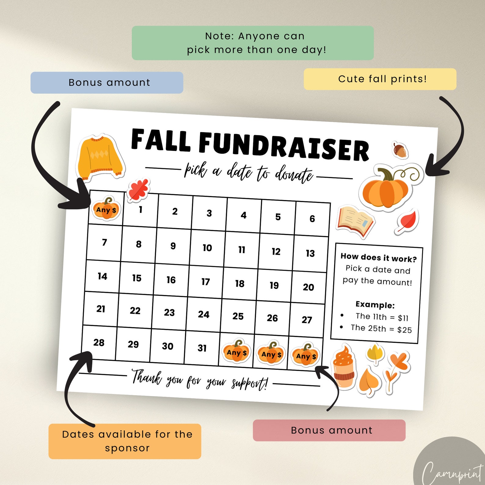 Fall Fundraiser Pick a Date to Donate Calendar Fundraiser for School ...
