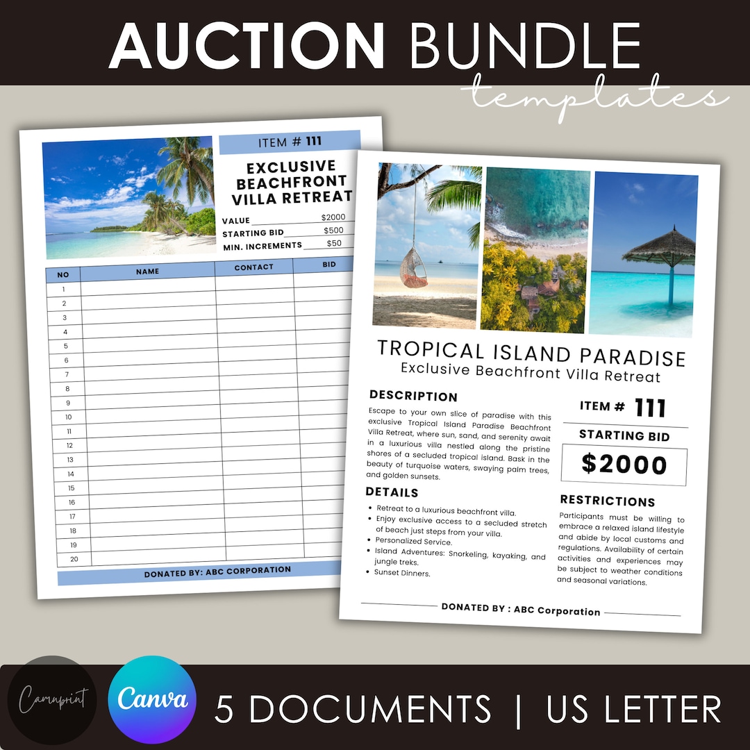 Editable Auction Bundle Item Description Sheet, Auction Bid Sheet ...