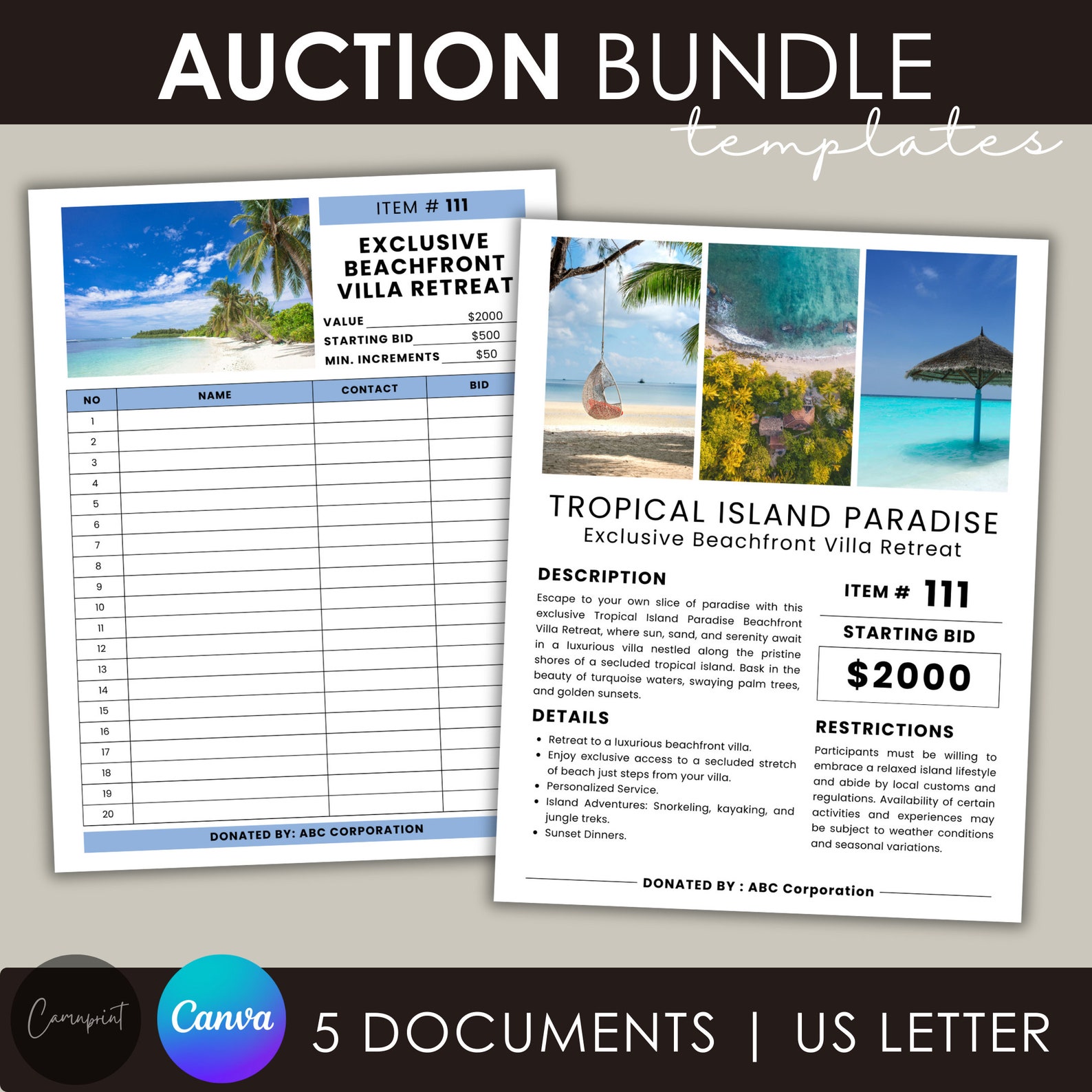 Editable Auction Bundle Item Description Sheet, Auction Bid Sheet ...