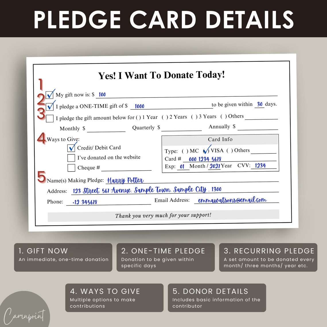 Editable Donation Card Printable Pledge Form, Donation Form, Donation ...