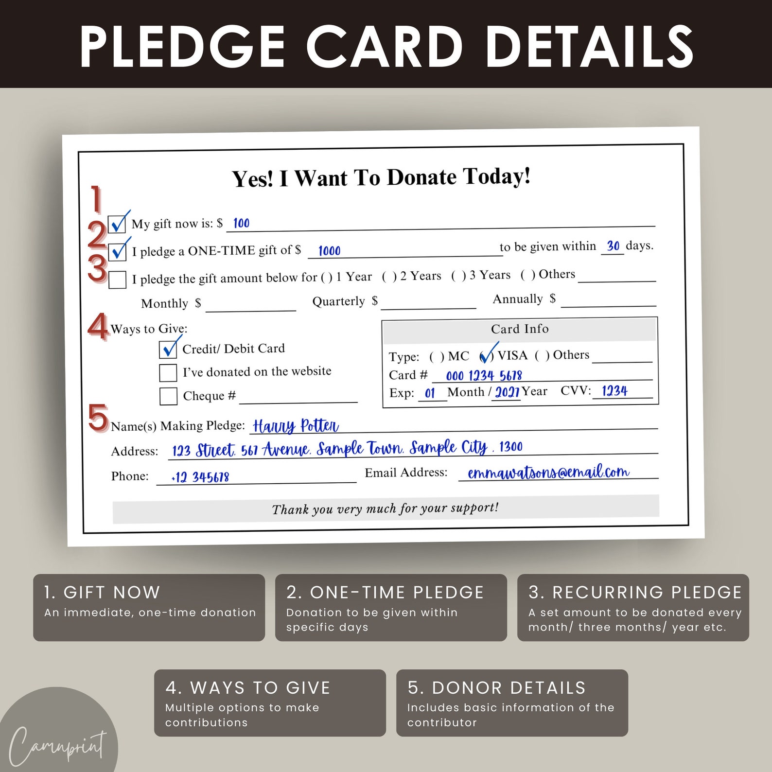 Editable Donation Card Printable Pledge Form, Donation Form, Donation ...