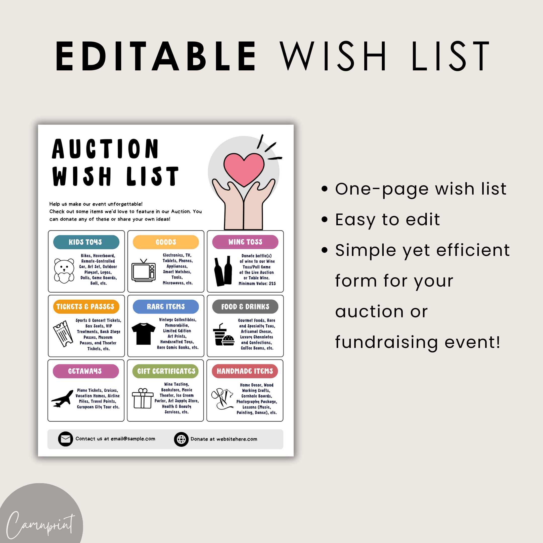 Auction Wish List for Silent Auction Live Auction Fundraiser Donation ...