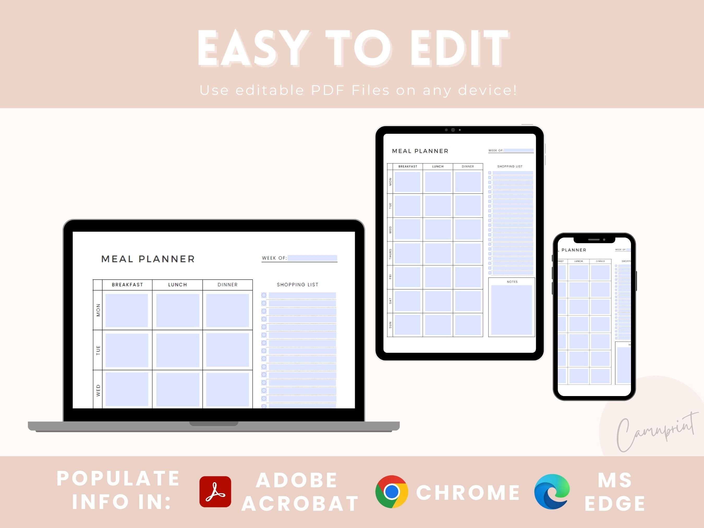Editable Meal Planner Template, Weekly Meal Plan, Meal Prep, Menu ...