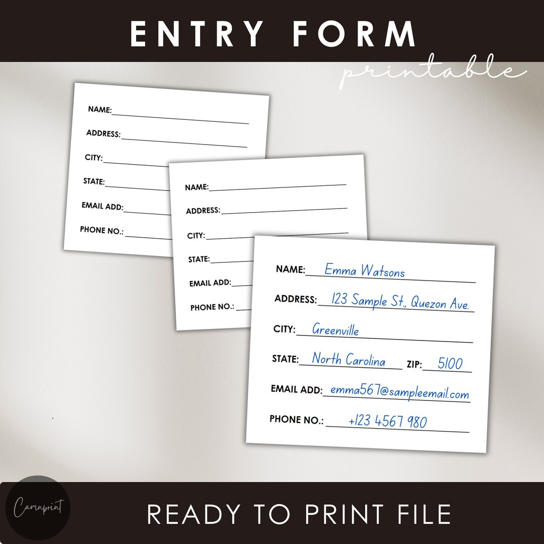 Entry Form Printable Enter to Win Form for School Auction Nonprofit ...