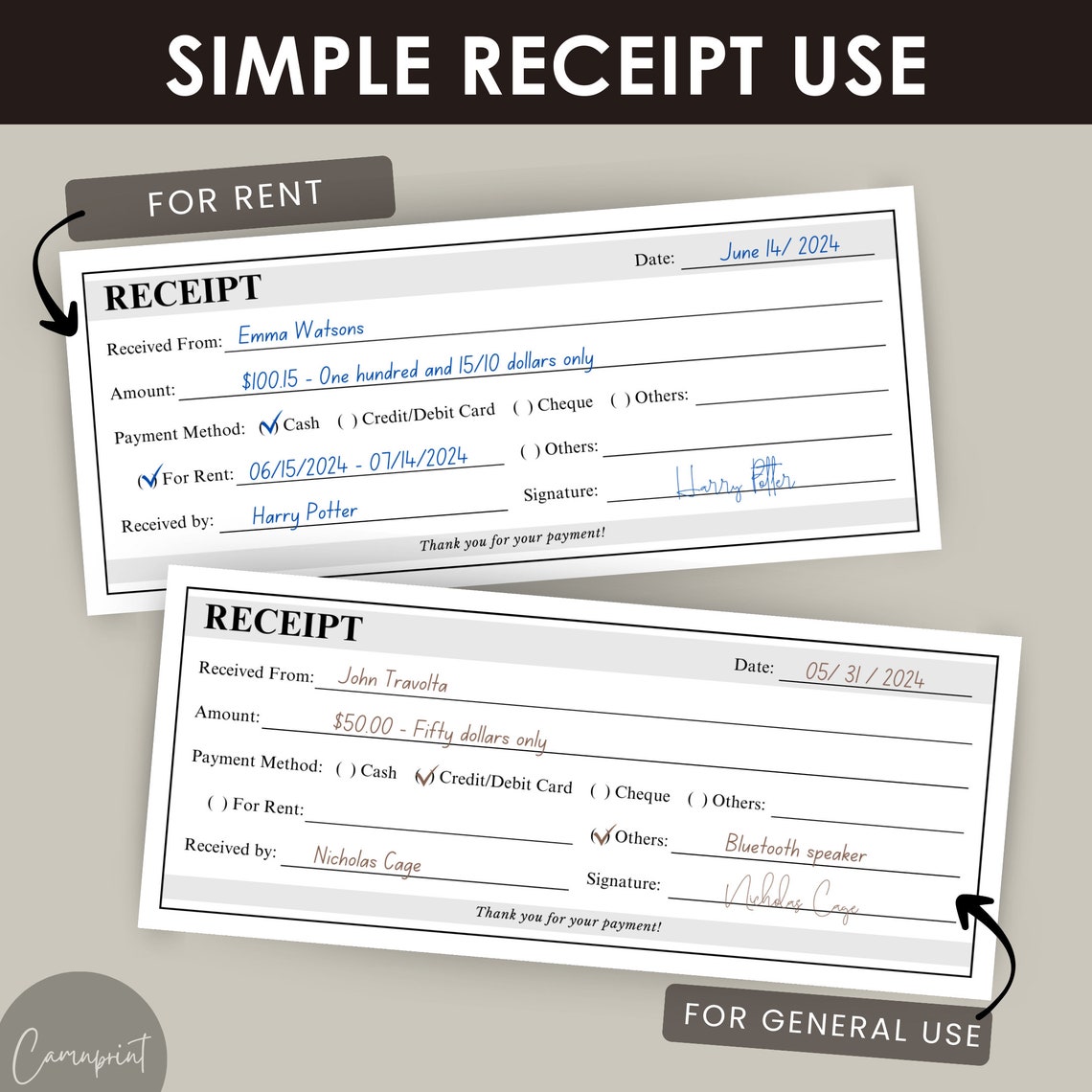 Simple Rent Receipt Template Printable Receipt for Rental Payment ...