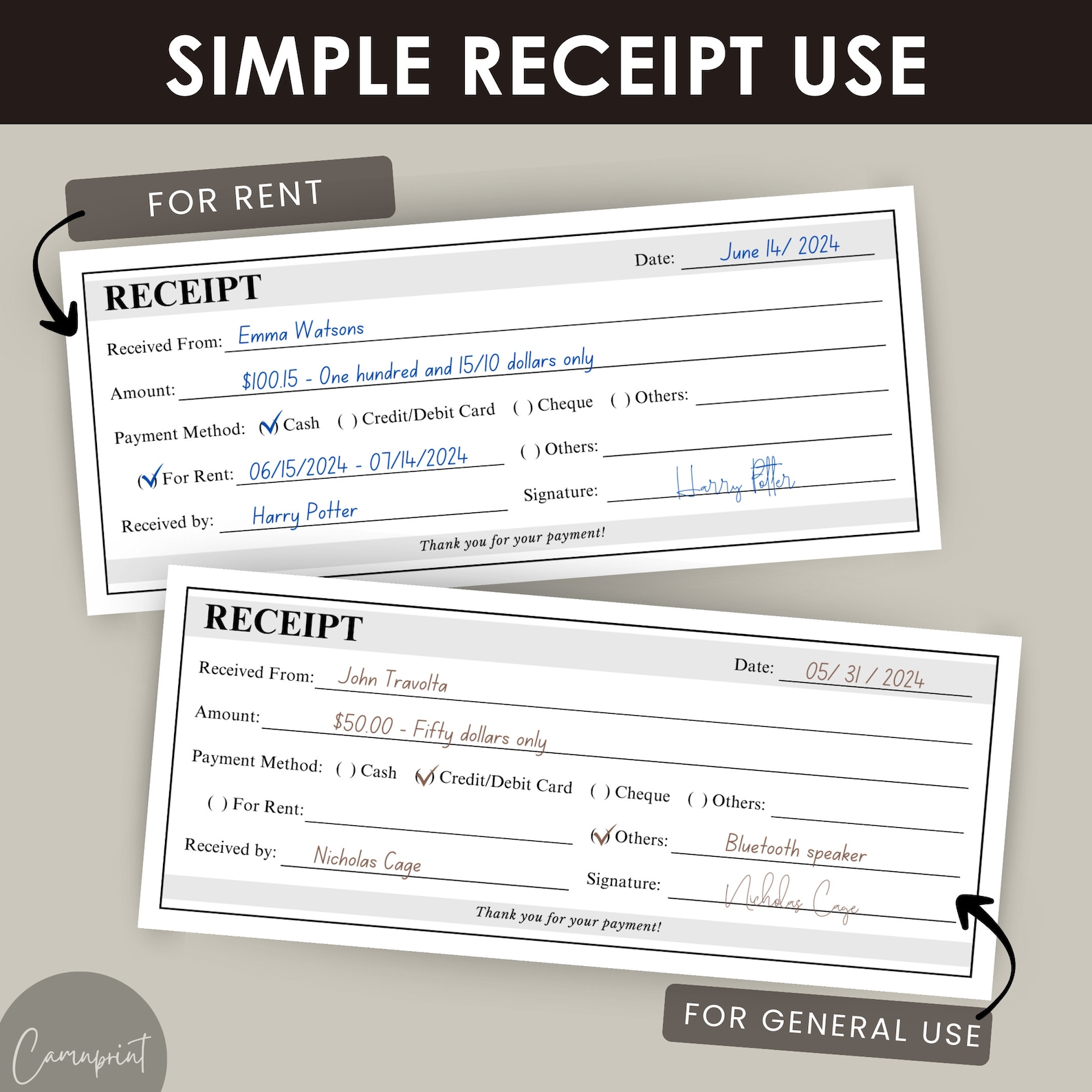 Simple Rent Receipt Template, Printable Receipt for Rental Payment ...