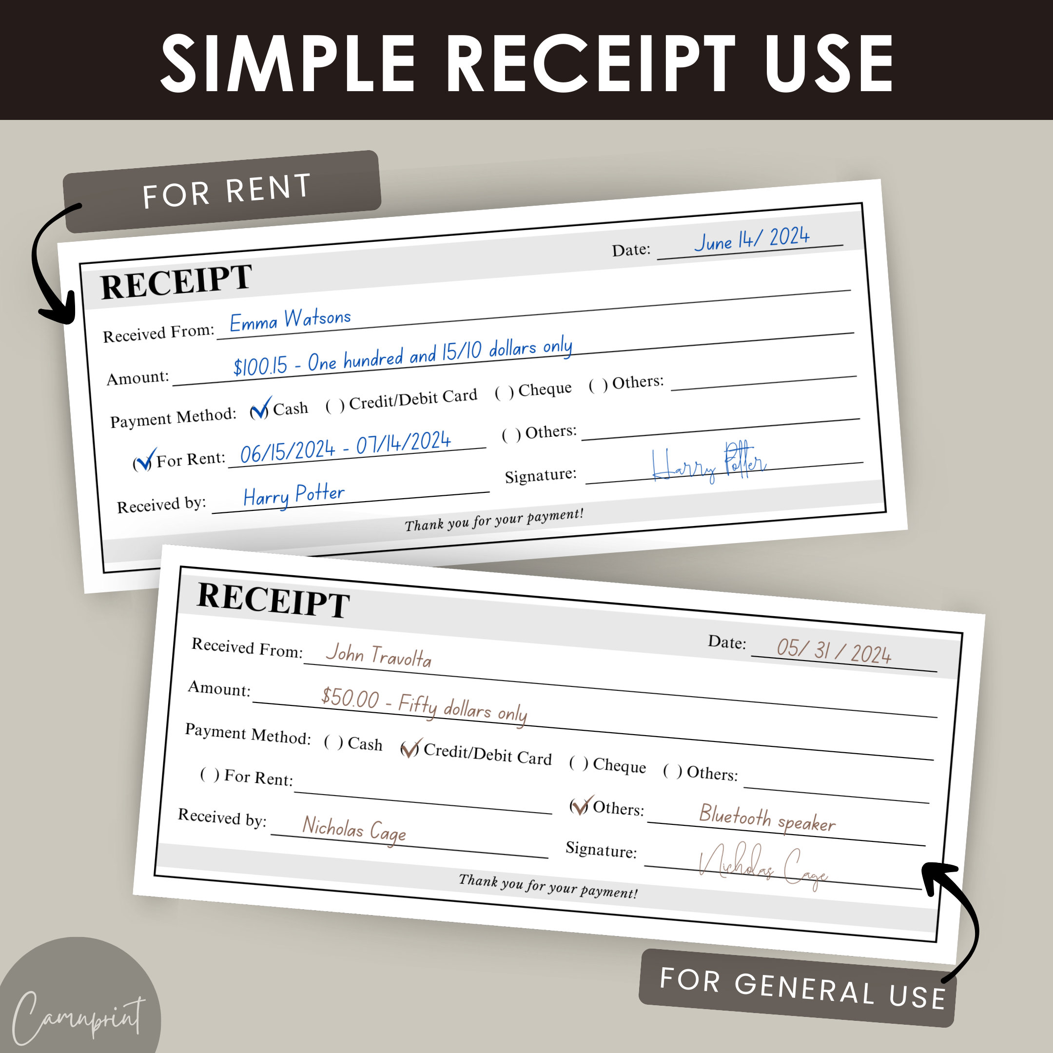 Simple Rent Receipt Template, Printable Receipt for Rental Payment ...