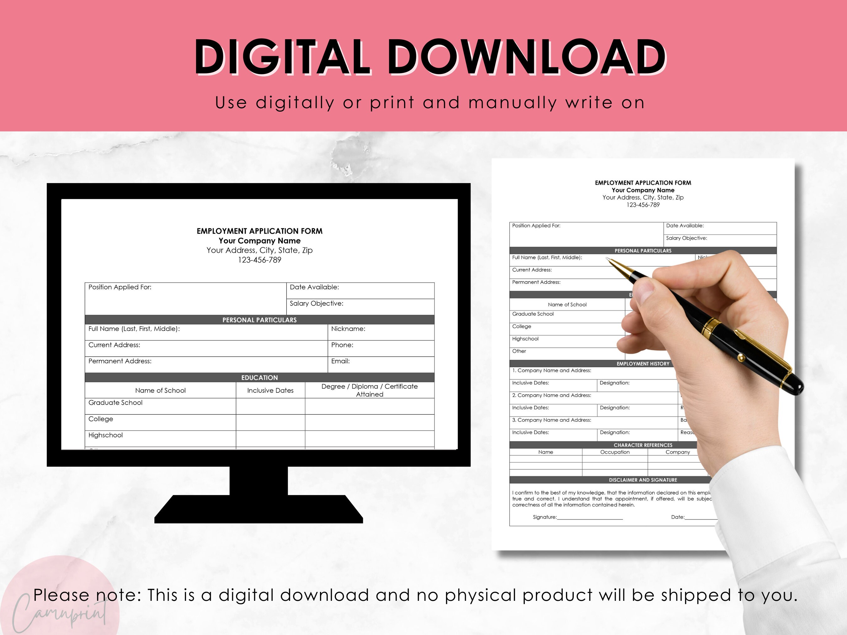 Employment Application, Employee Application Form, Job Application Printable Editable, Small ...