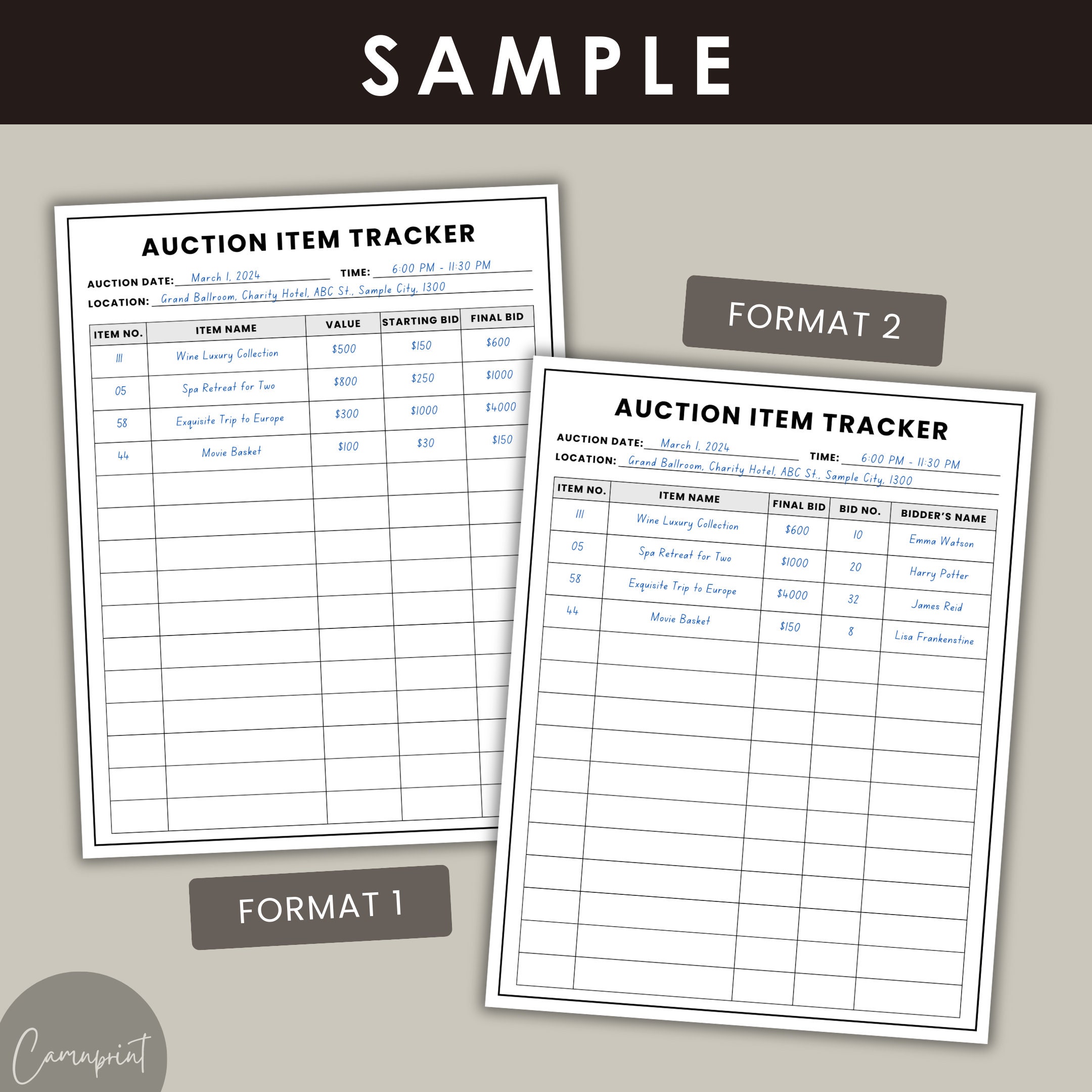 Auction Item Tracker Editable Auction Template for School Auction Live ...