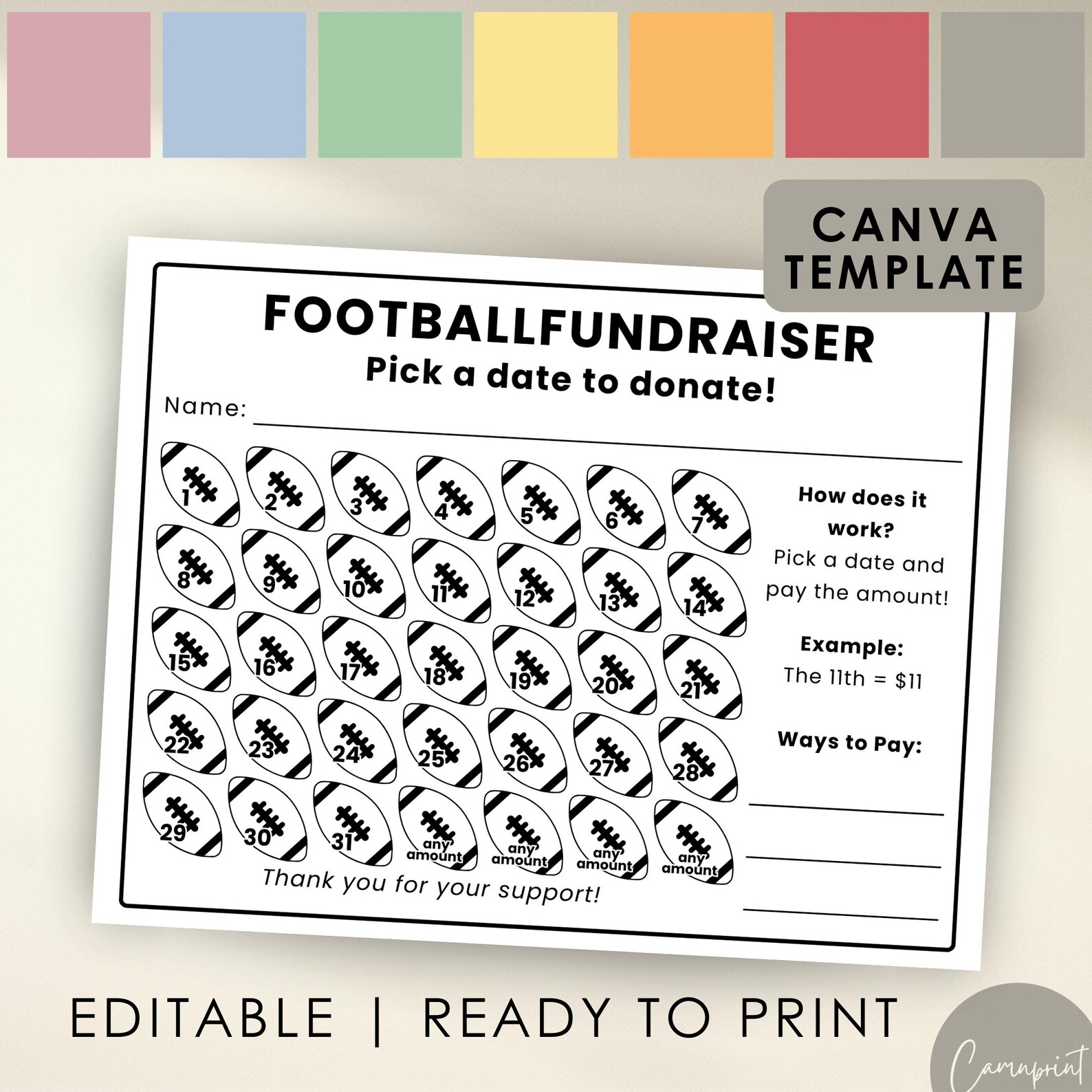 Football Fundraiser Calendar for Sports Fundraiser Template Editable ...