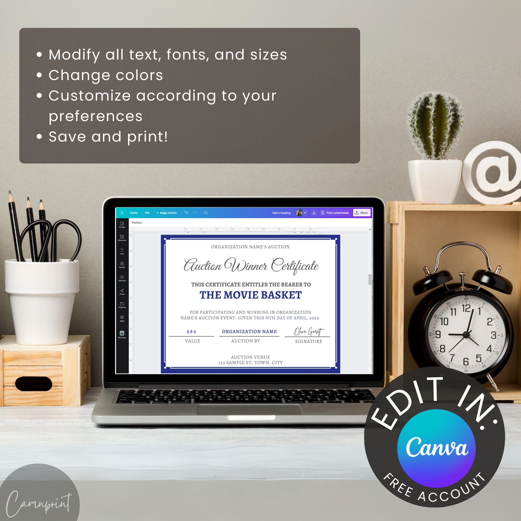 Editable Silent Auction Winner Certificate Template, Auction Item ...