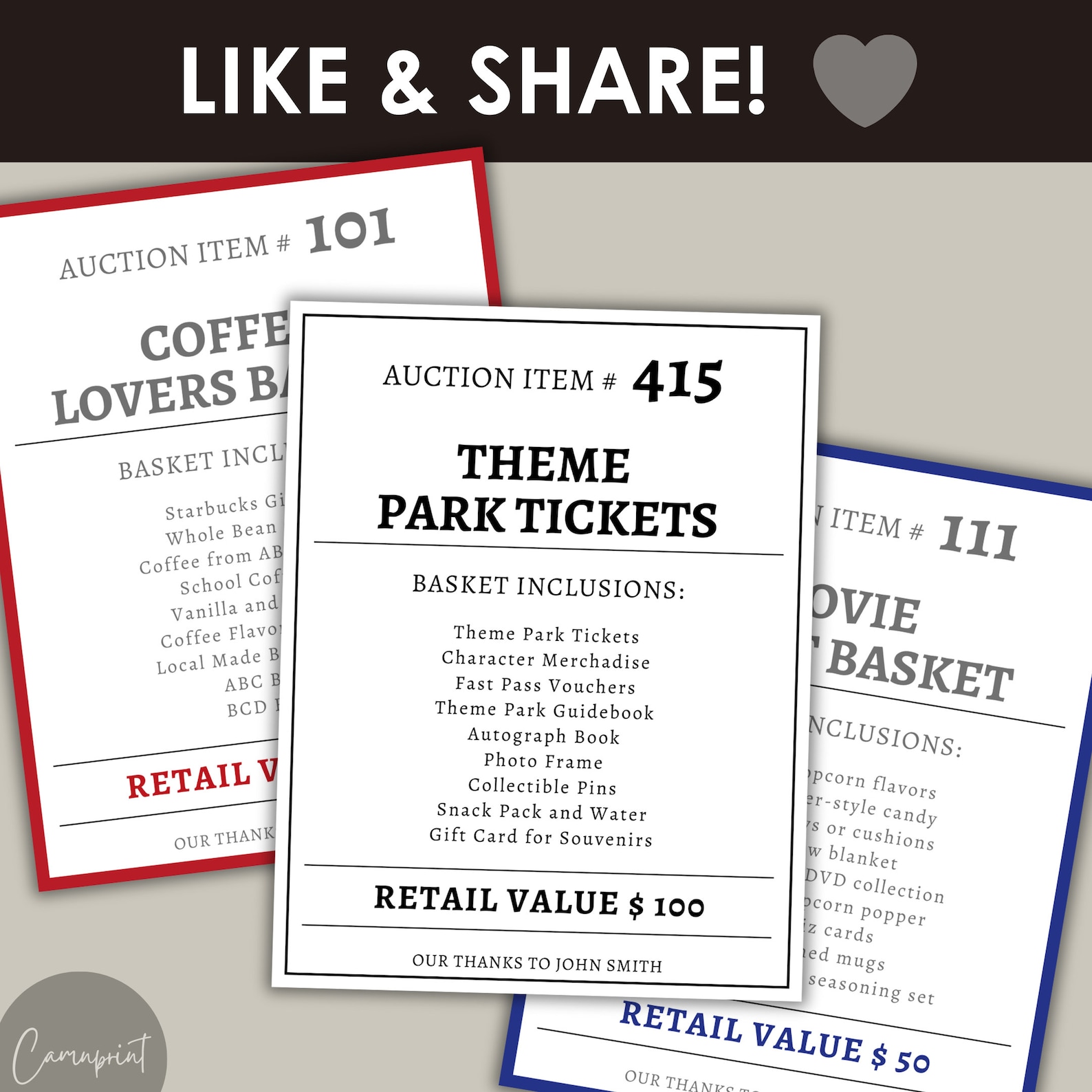 Editable Silent Auction Item Description Sheet, Auction Info Sheet ...