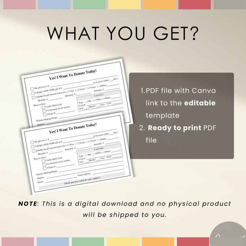 Editable Donation Card Printable Pledge Form, Donation Form, Donation ...